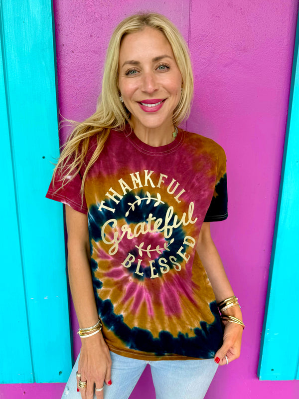 Fall Burst Thankful Grateful Blessed Tie Dye Tee Sunshine Sisters